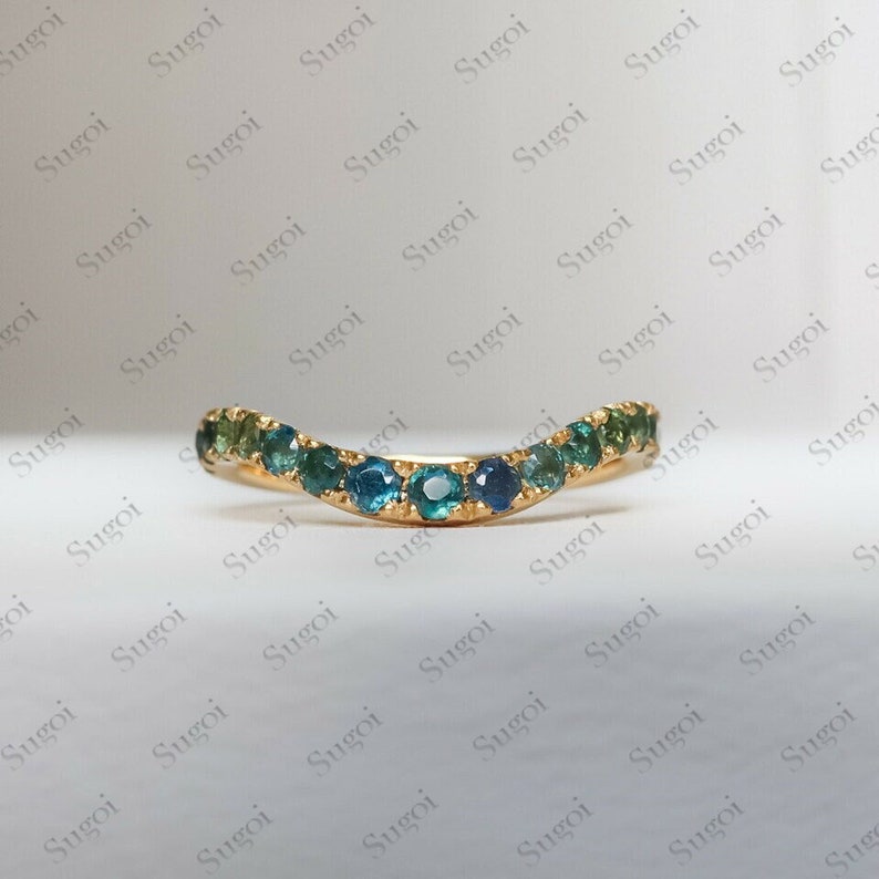 14k Solid Gold Sapphire Royal Curve Ring Blue Curved Wedding Ring Women ...