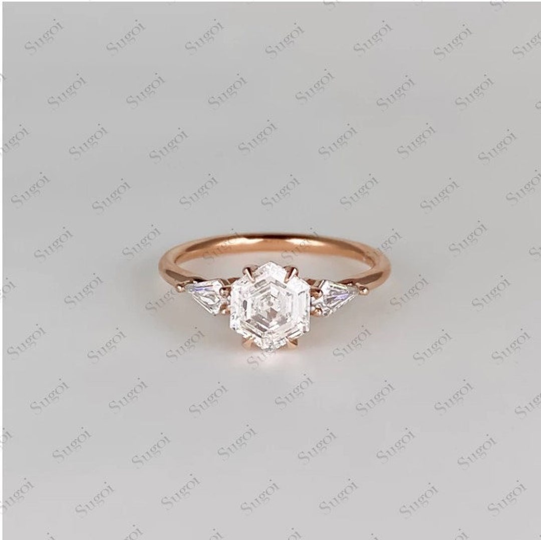 Vintage Elongated Hexagon Diamond Engagement Ring Unique Rose Gold ...
