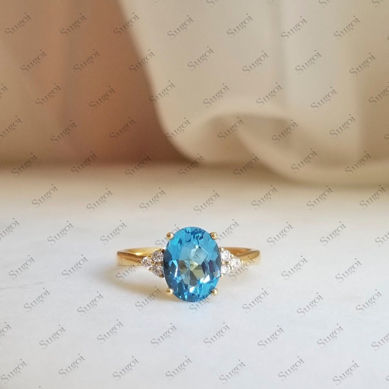 Oval Swiss Blue Topaz Ring Sterling Silver Swiss Topaz Engagement Ring Yellow Gold Unique Ring ...