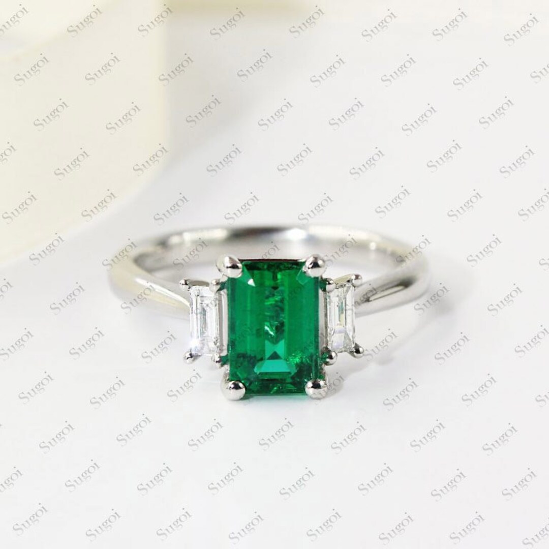Three Stone Emerald Engagement Ring, Emerald Cut Emerald Ring, Emerald ...