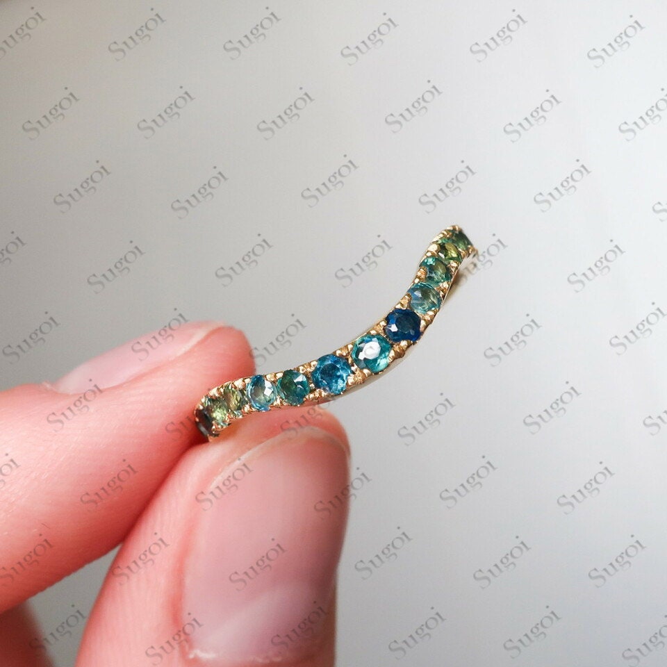 14k Solid Gold Sapphire Royal Curve Ring Blue Curved Wedding Ring Women ...