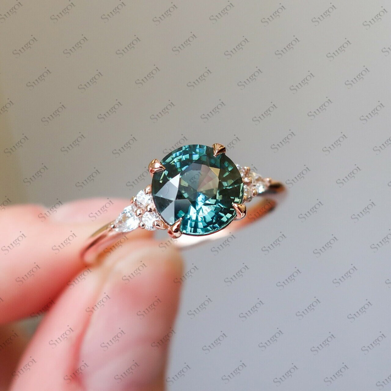 1.38 Round Teal Sapphire Engagement Ring, Round Teal Sapphire Trilogy ...