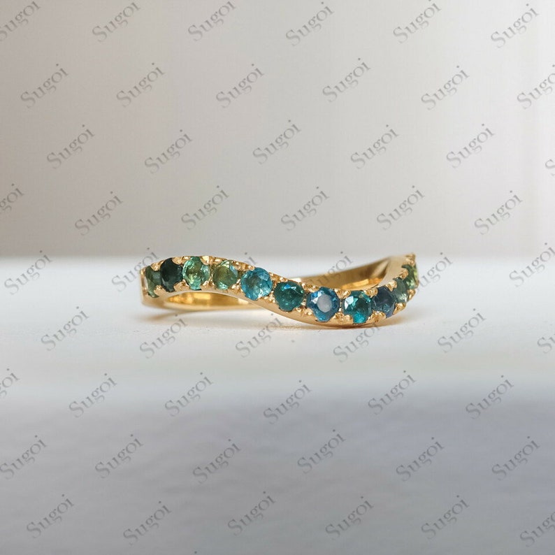 14k Solid Gold Sapphire Royal Curve Ring Blue Curved Wedding Ring Women ...