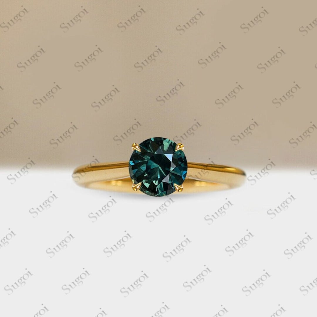Round Cut Teal Sapphire Engagement Ring, Blue Green Montana Sapphire ...