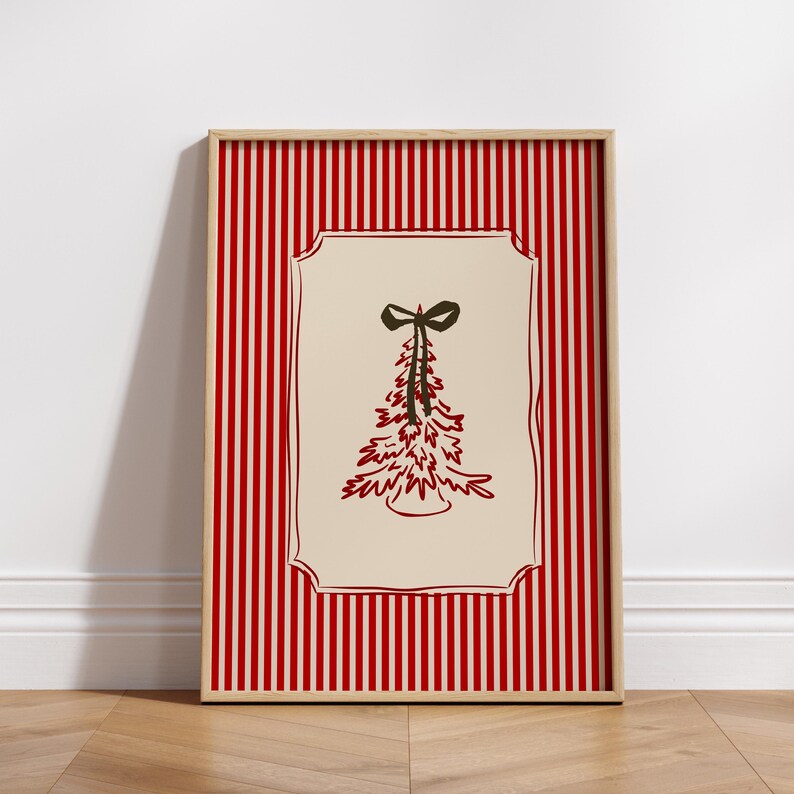 Christmas Wall Art Set of 3 Prints: Merry Christmas Red Striped Trendy ...