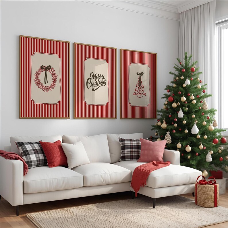 Christmas Wall Art Set of 3 Prints: Merry Christmas Red Striped Trendy ...