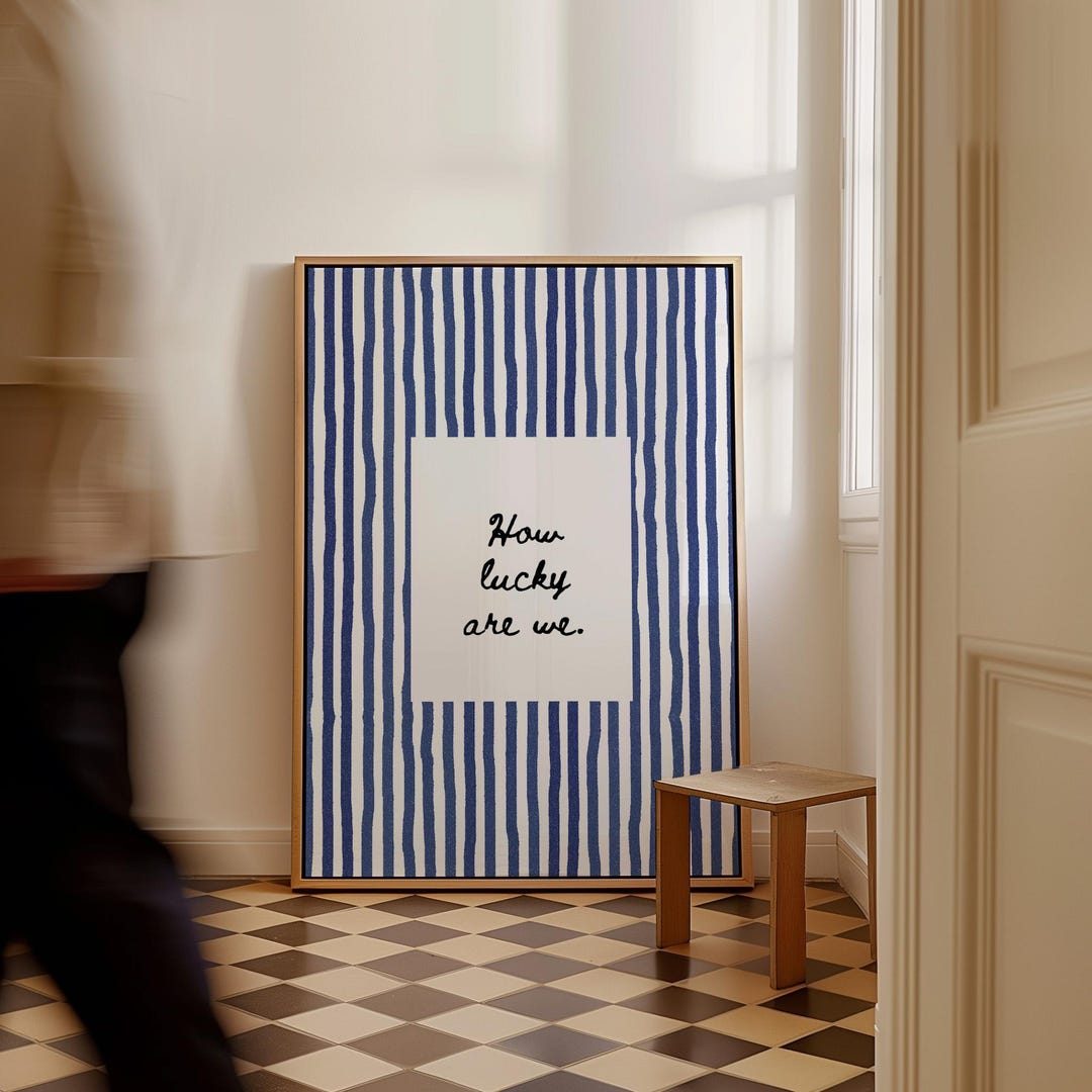 How Lucky Are We Print: Navy Blue Striped Quote Wall Art Printable ...
