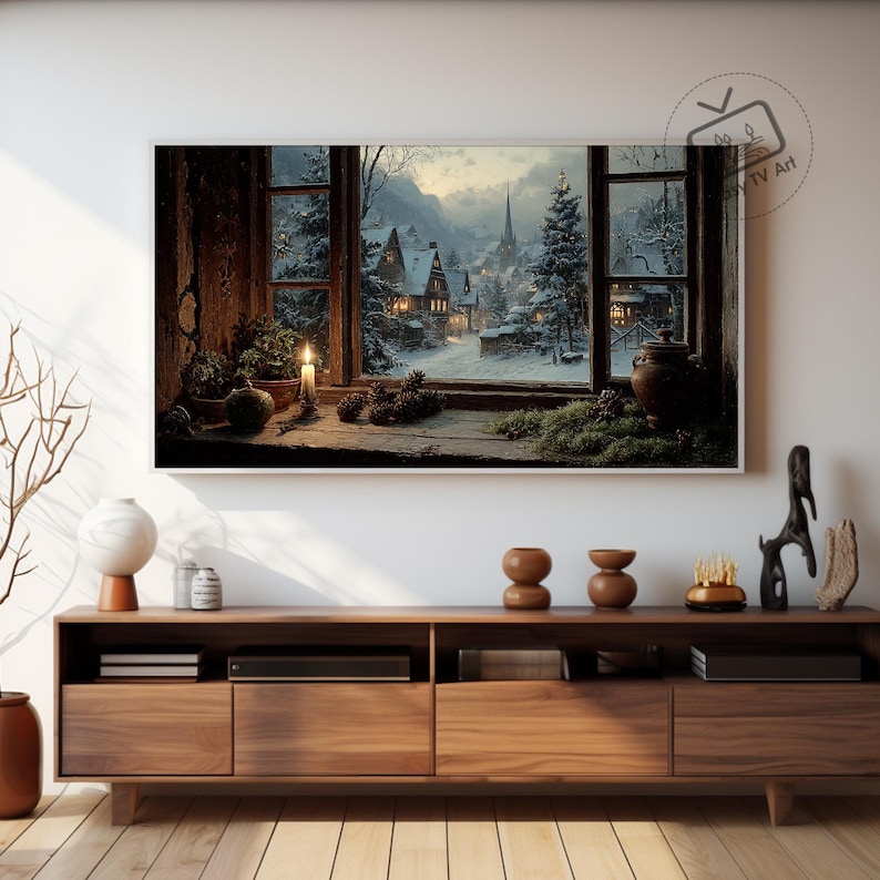 Christmas Frame TV Art, Cozy Village View From Window, Digital Download ...
