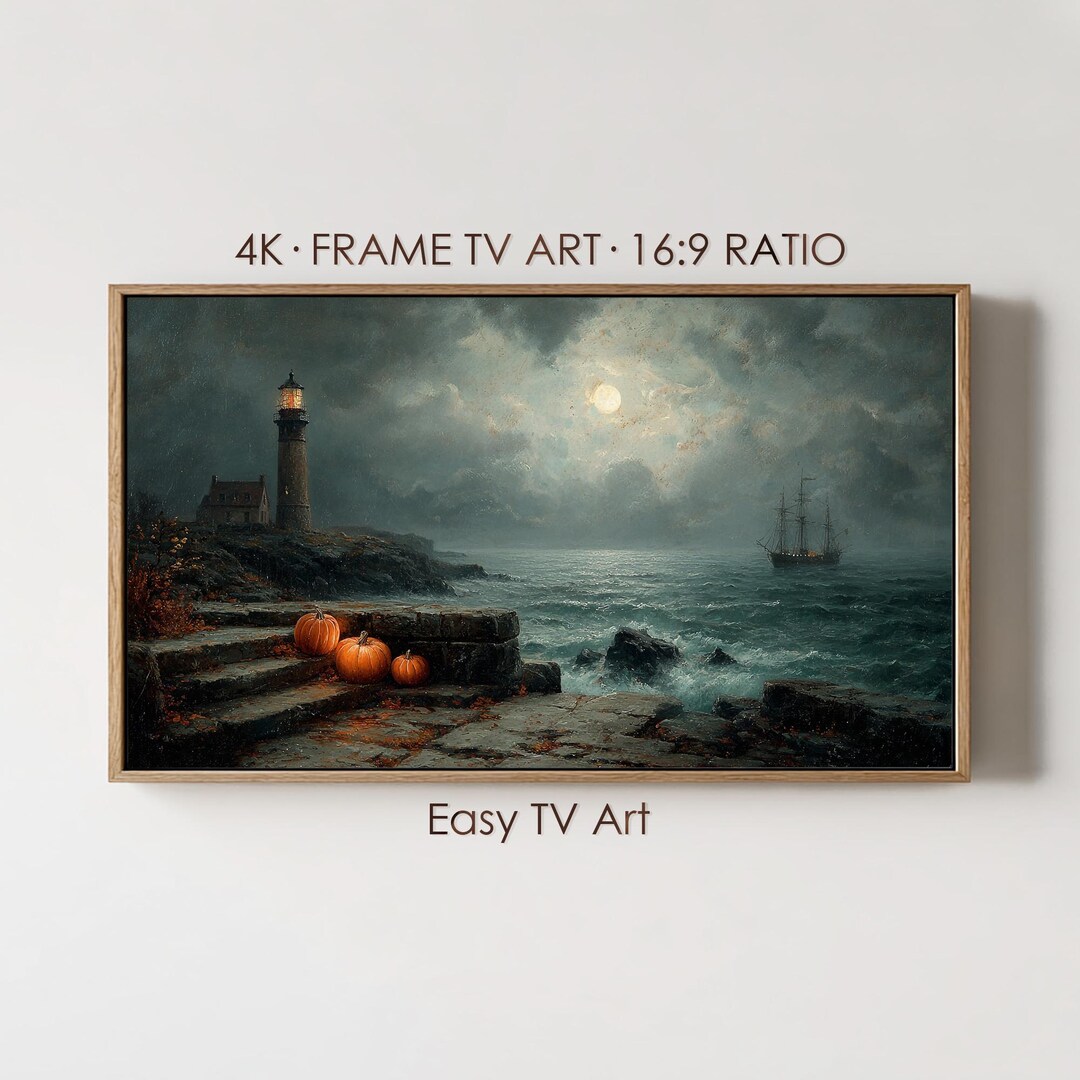 Halloween Coastal Lighthouse Frame TV Art, Moonlit Sea With Pumpkins ...
