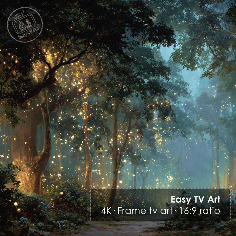 Enchanted Forest Frame TV Art, Magical Firefly Night Scene, Digital ...