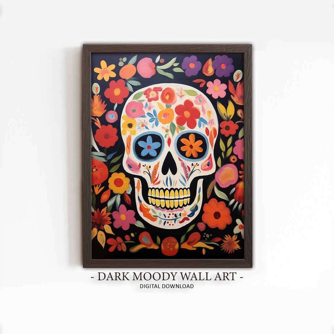 Colorful Sugar Skull Art, Printable Moody Wall Art, Floral Dia De ...