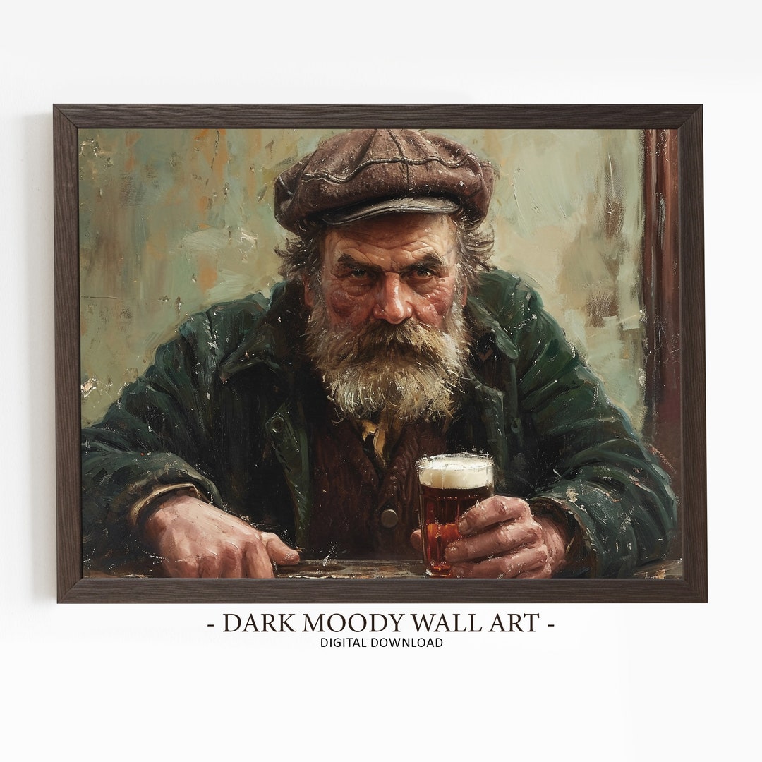 Moody St Patrick's Day Prints, Dark Old Man in Irish Pub Art, Rustic ...