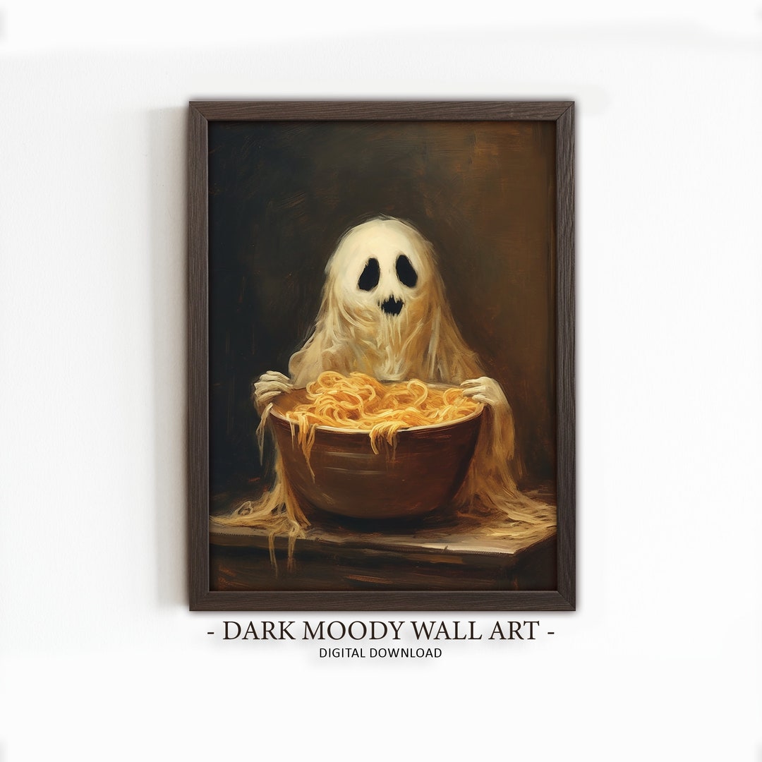 Cute Ghost Eating Spaghetti Print, Moody Haunted Halloween Art, Gothic ...
