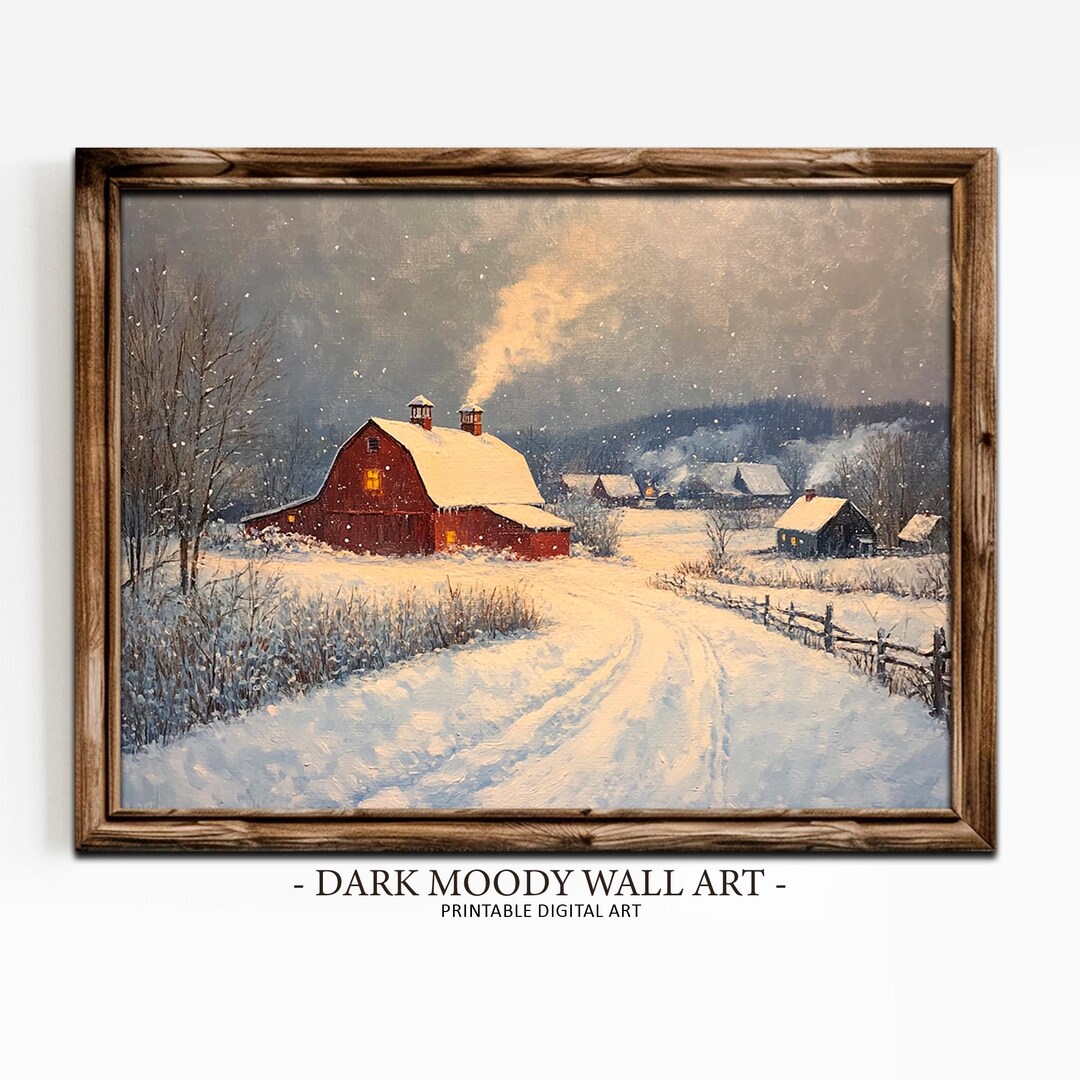 American Winter Barn Scene, Printable Moody Wall Art, Snowy Country ...