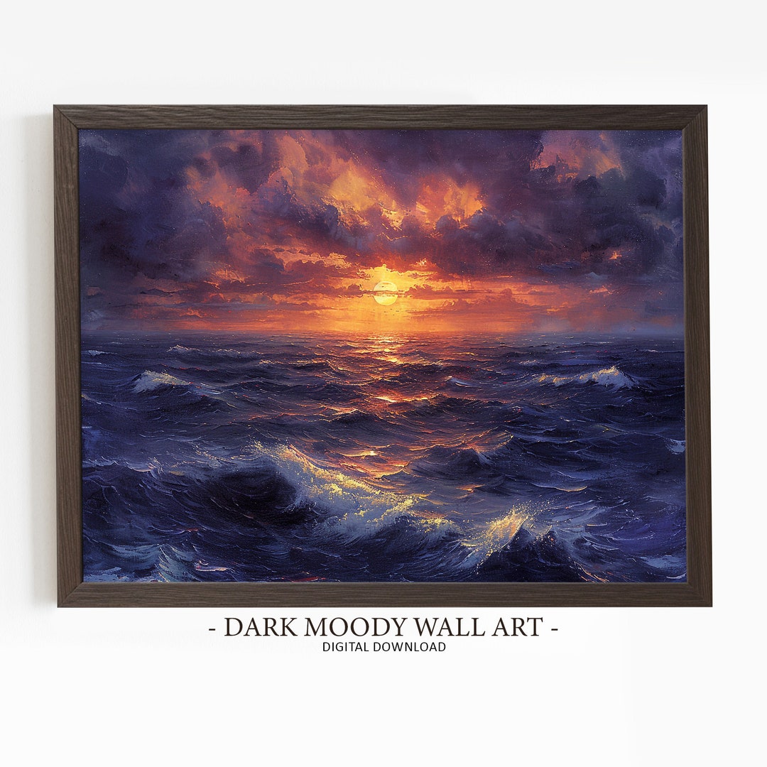 Moody Sea Sunset, Sea Storm Print, Dark Seascape Painting, Ocean ...