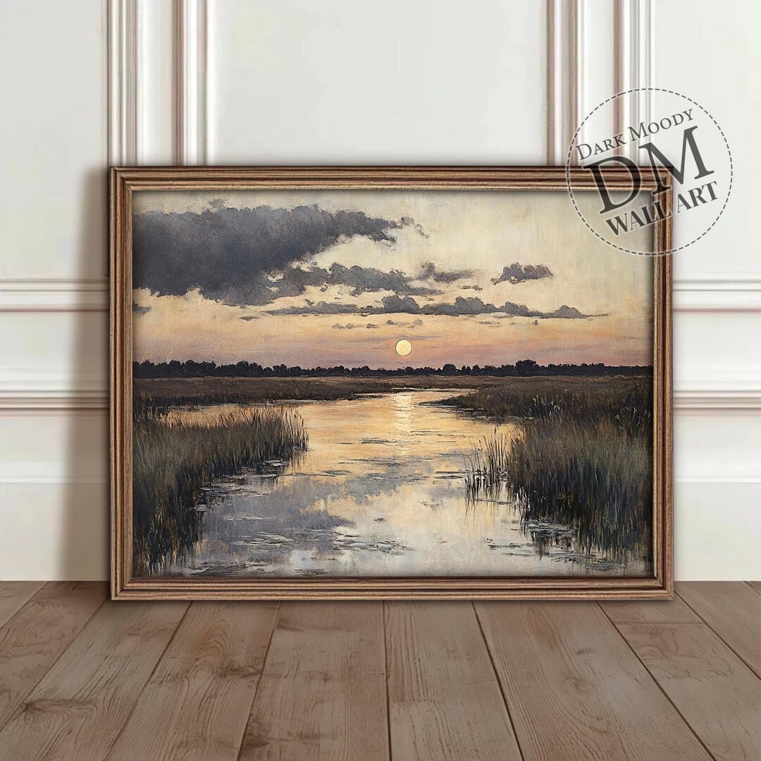 Polish Marsh Moonrise Print, Printable Moody Wall Art, Vintage Autumn ...
