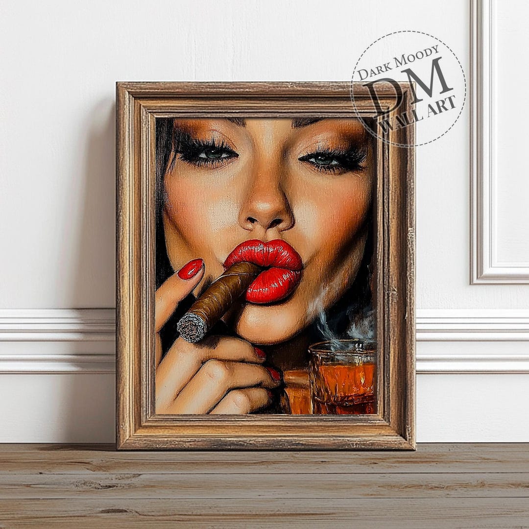 Masculine Bar Printable Wall Art, Woman With Cigar and Whiskey Print ...