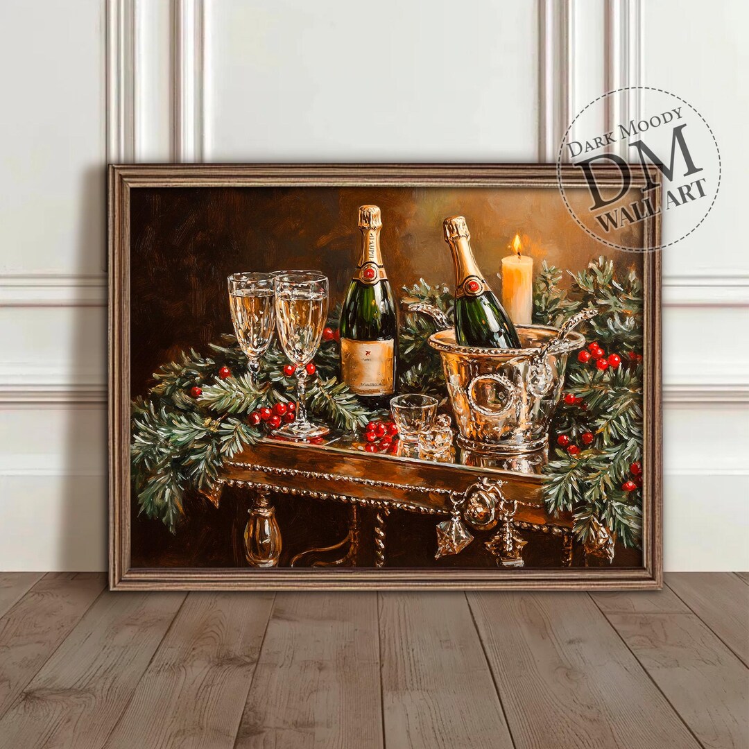 Vintage Christmas Champagne Printable Wall Art, Holiday Candle ...