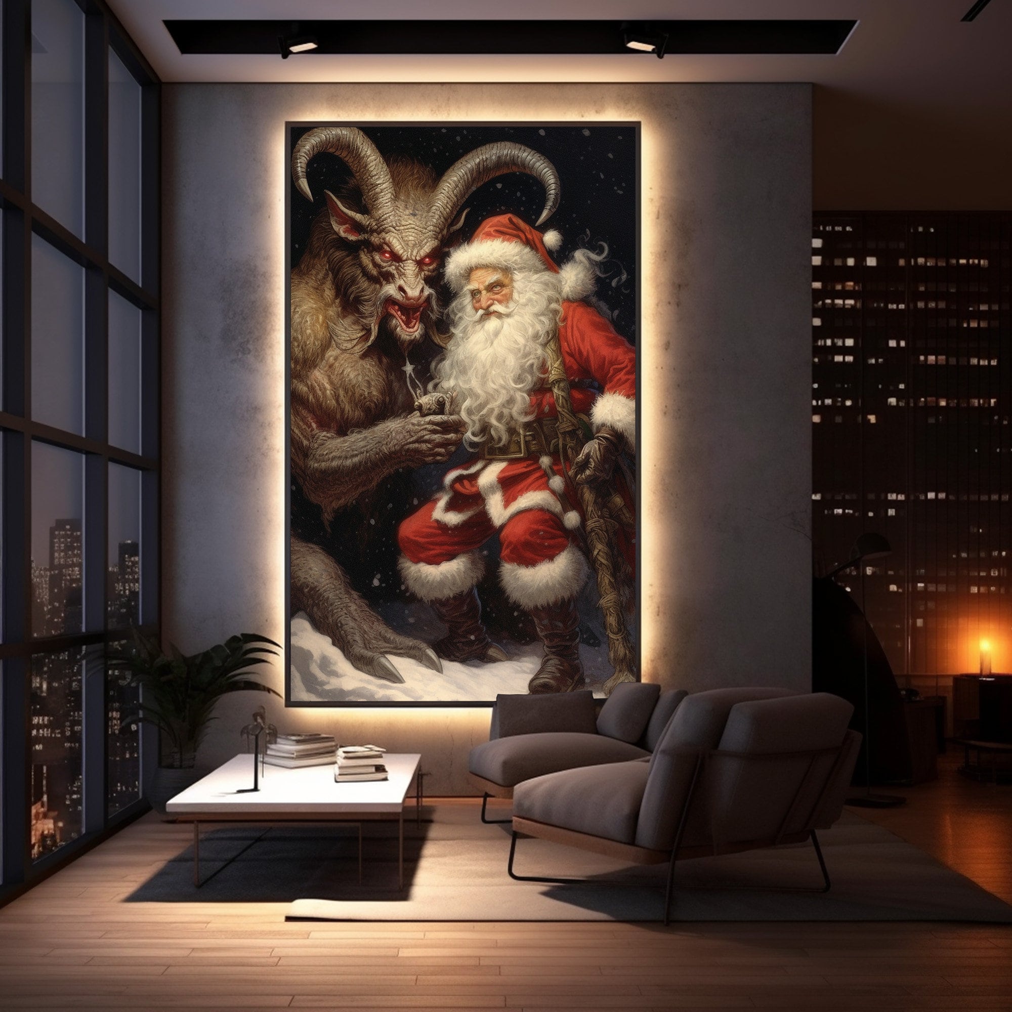 Santa Claus and Krampus Print, Vintage Creepy Holiday Season Art ...