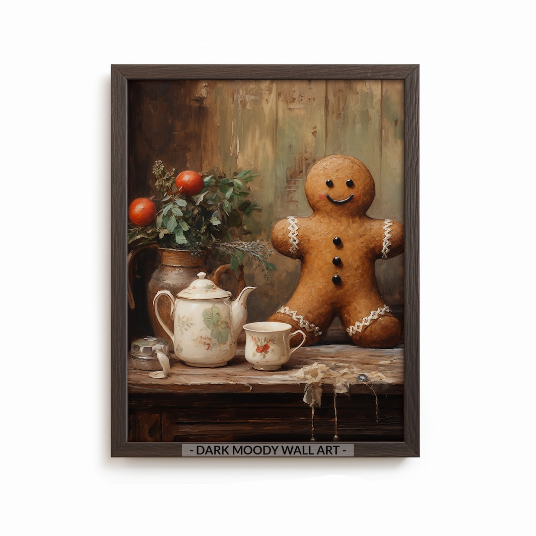 Gingerbread Man Painting Print, Vintage Christmas Wall Art, Printable ...