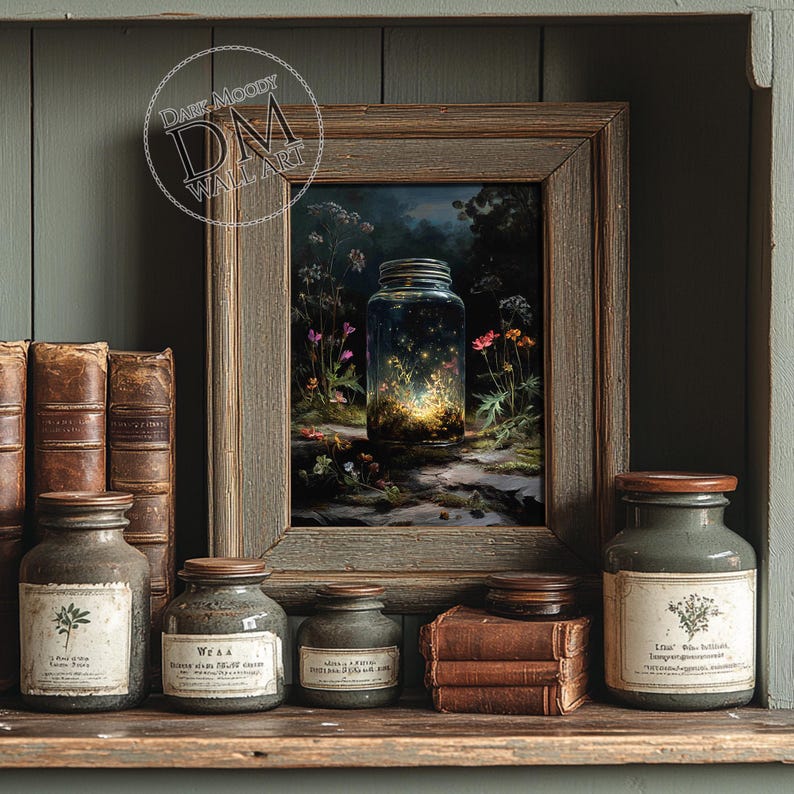 Firefly Jar Wall Art Printable, Moody Wildflower Night Print, Dark ...