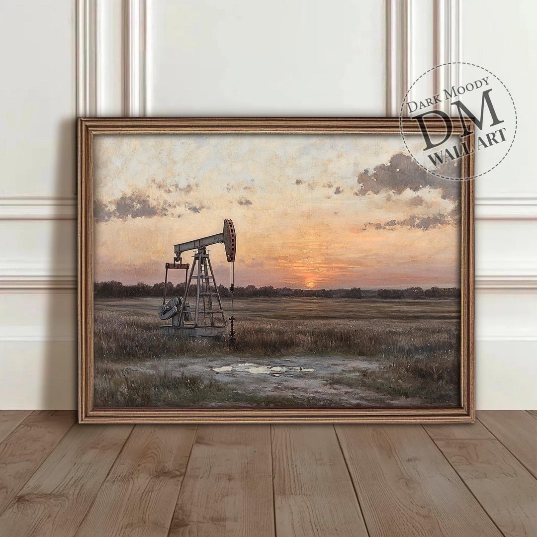 Sunset Over Rural Oil Field, Antique Oil Painting With Pumpjack and ...
