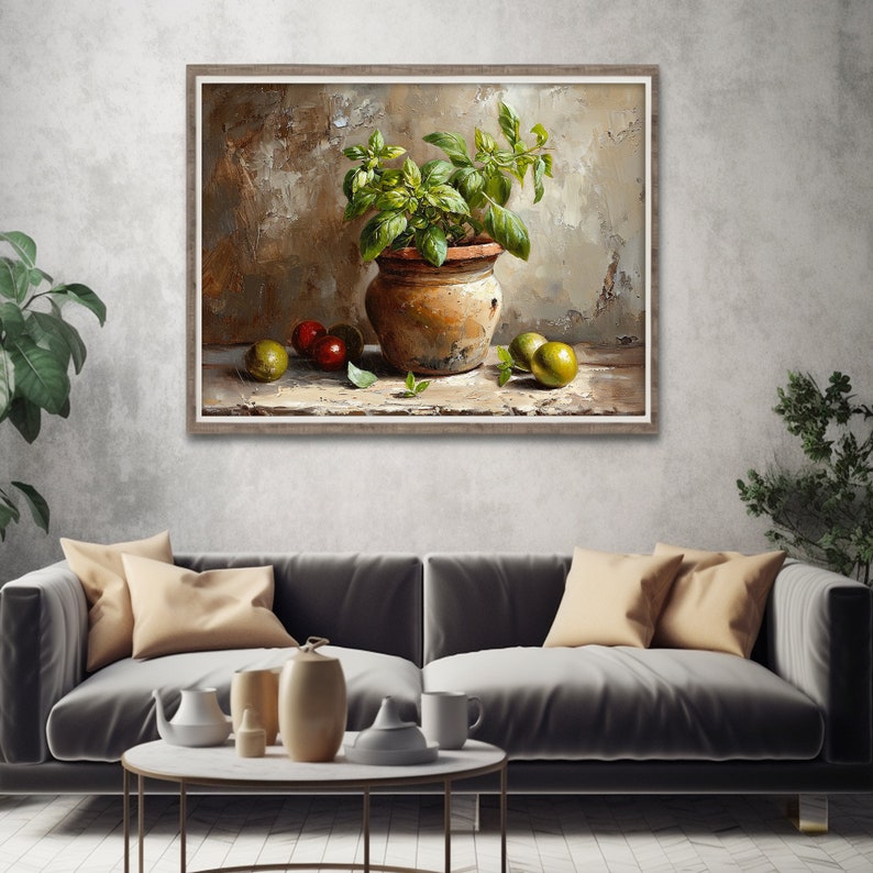 Italian Rustic Kitchen Basil Printable Wall Art, Moody Herb Still Life ...
