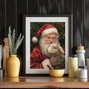 Vintage Santa With Sheep Print, Printable Christmas Holiday Wall Art ...