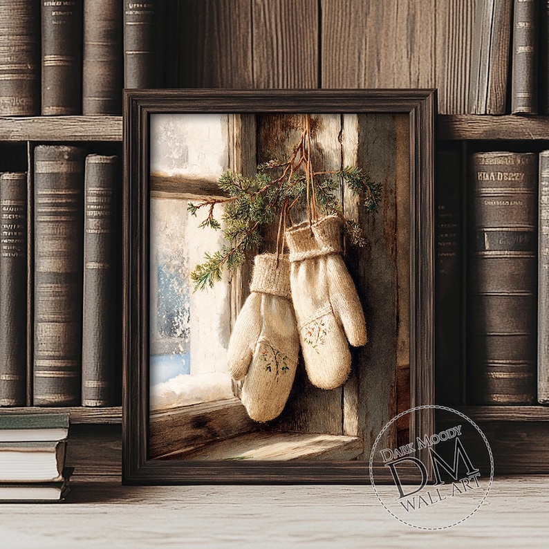 Vintage Christmas Mittens Printable Wall Art, Rustic Winter Window ...