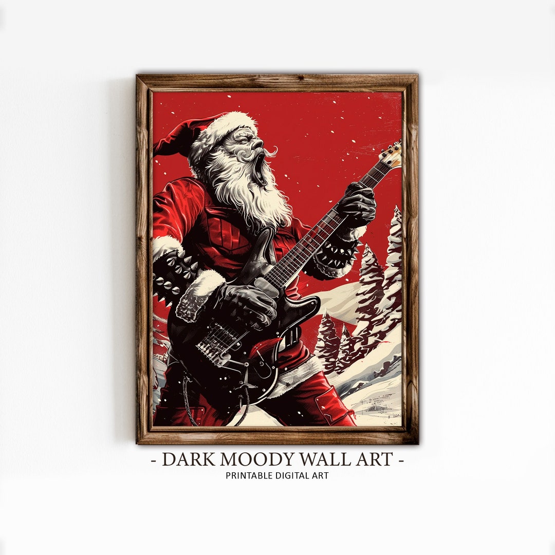 Punk Rock Santa Print, Printable Christmas Wall Art, Christmas Holiday ...