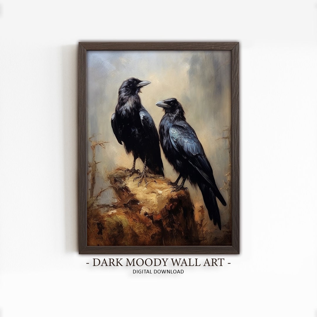 Antique Crow Art Painting - Dark Moody Rustic Landscape Vintage Raven ...