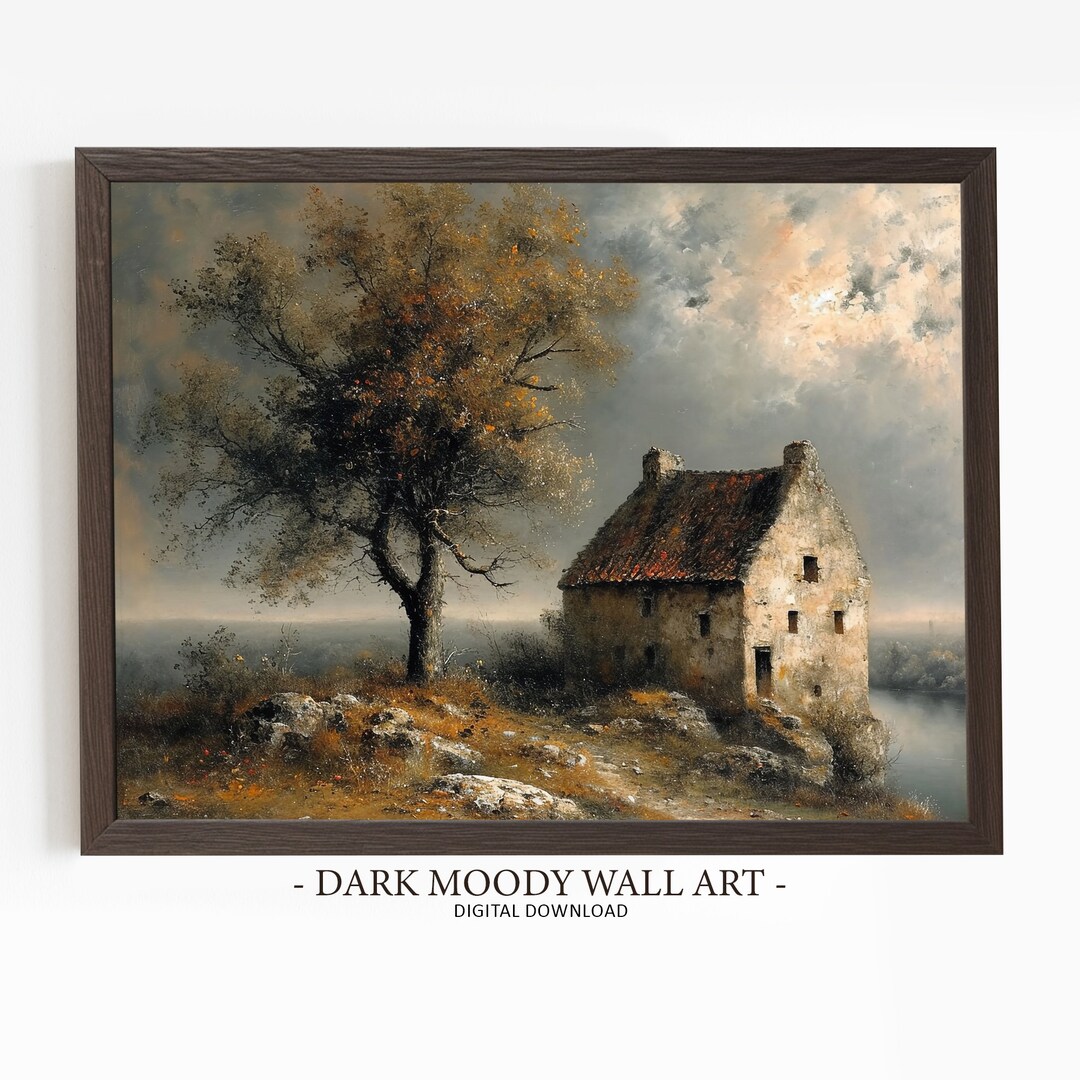 Antique Cottage Print, Moody Landscape Painting, Dark Cottagecore Print ...