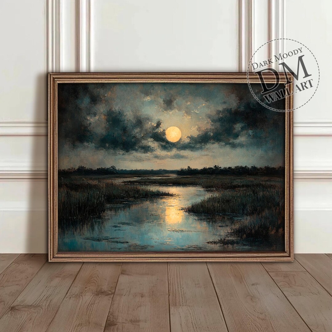 Moonlit Marsh Landscape Printable Wall Art, Dark Moody Wetland Print ...