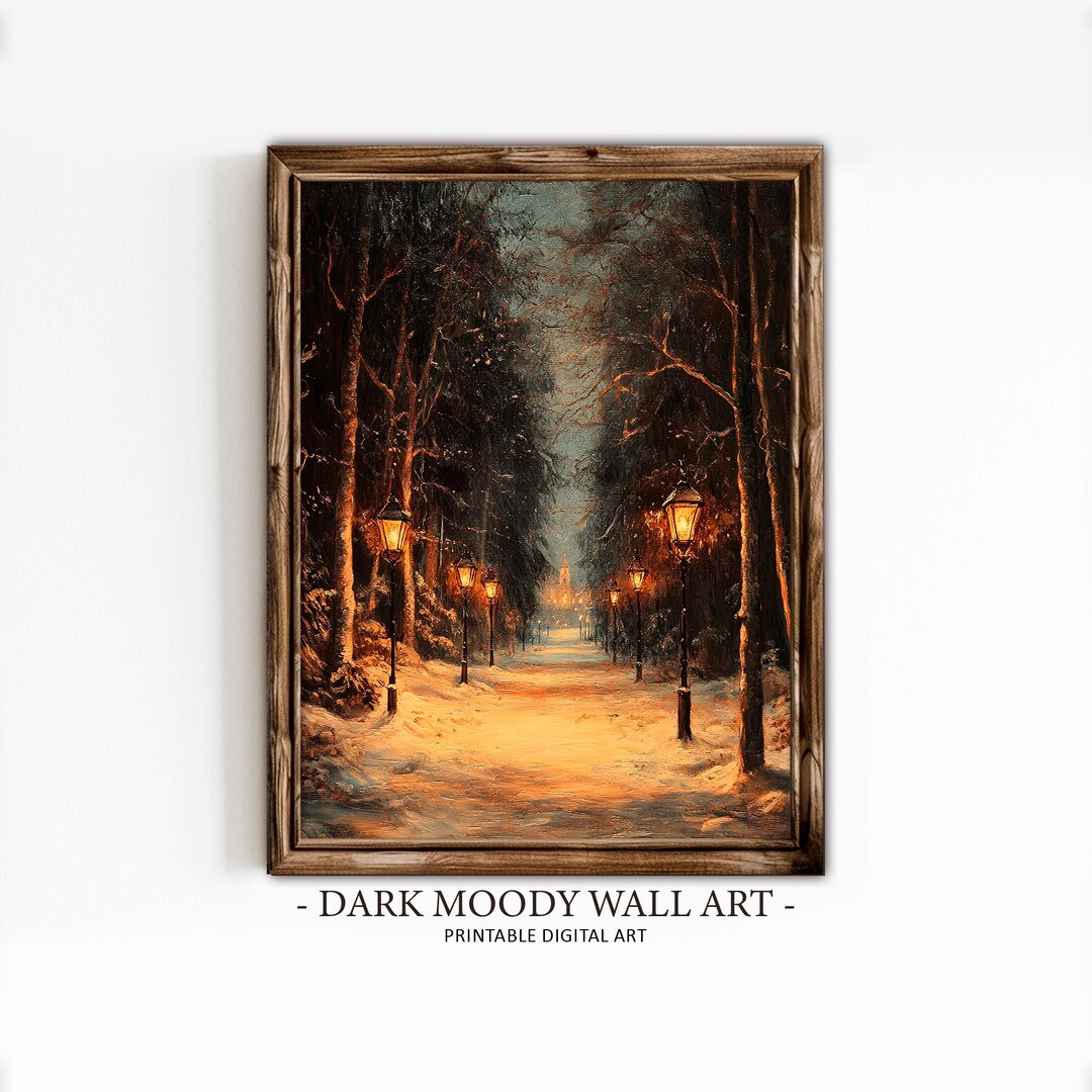 Christmas Silent Night Scene, Printable Dark Moody Wall Art, Snowy ...