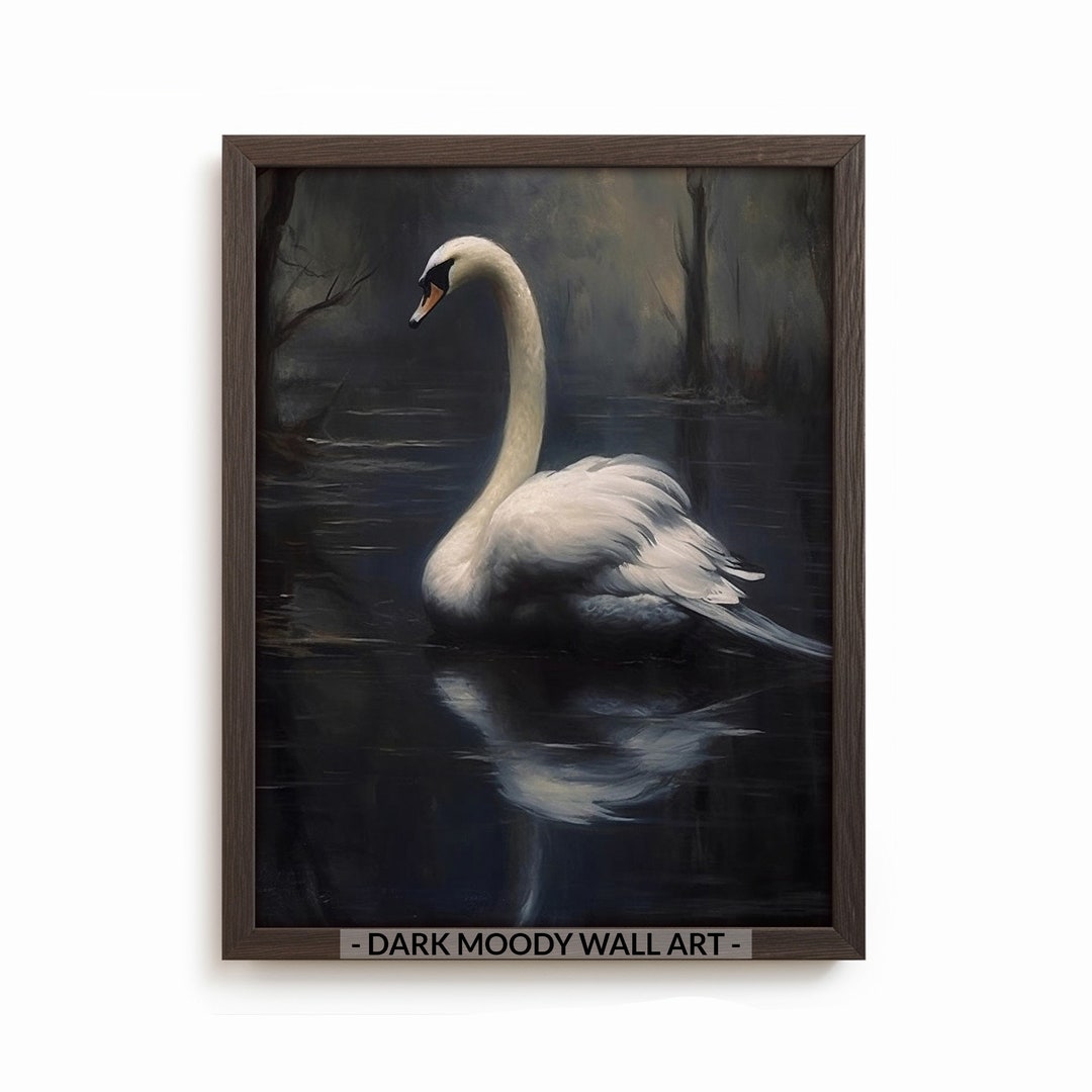 Antique White Swan Painting Dark Moody Wall Art Vintage Bird - Etsy