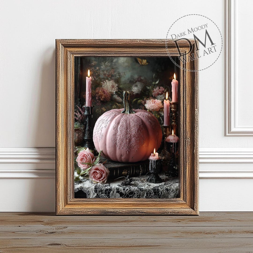 Pink Pumpkin Halloween Printable Wall Art, Gothic Romantic Candle Rose ...