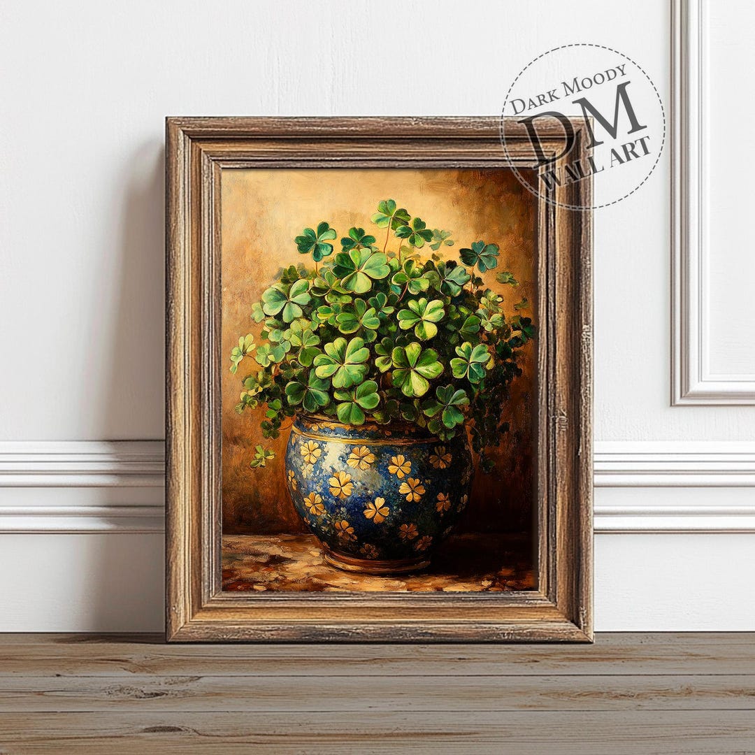 Irish Clover Pot Still Life, Printable Dark Moody Wall Art, Vintage ...