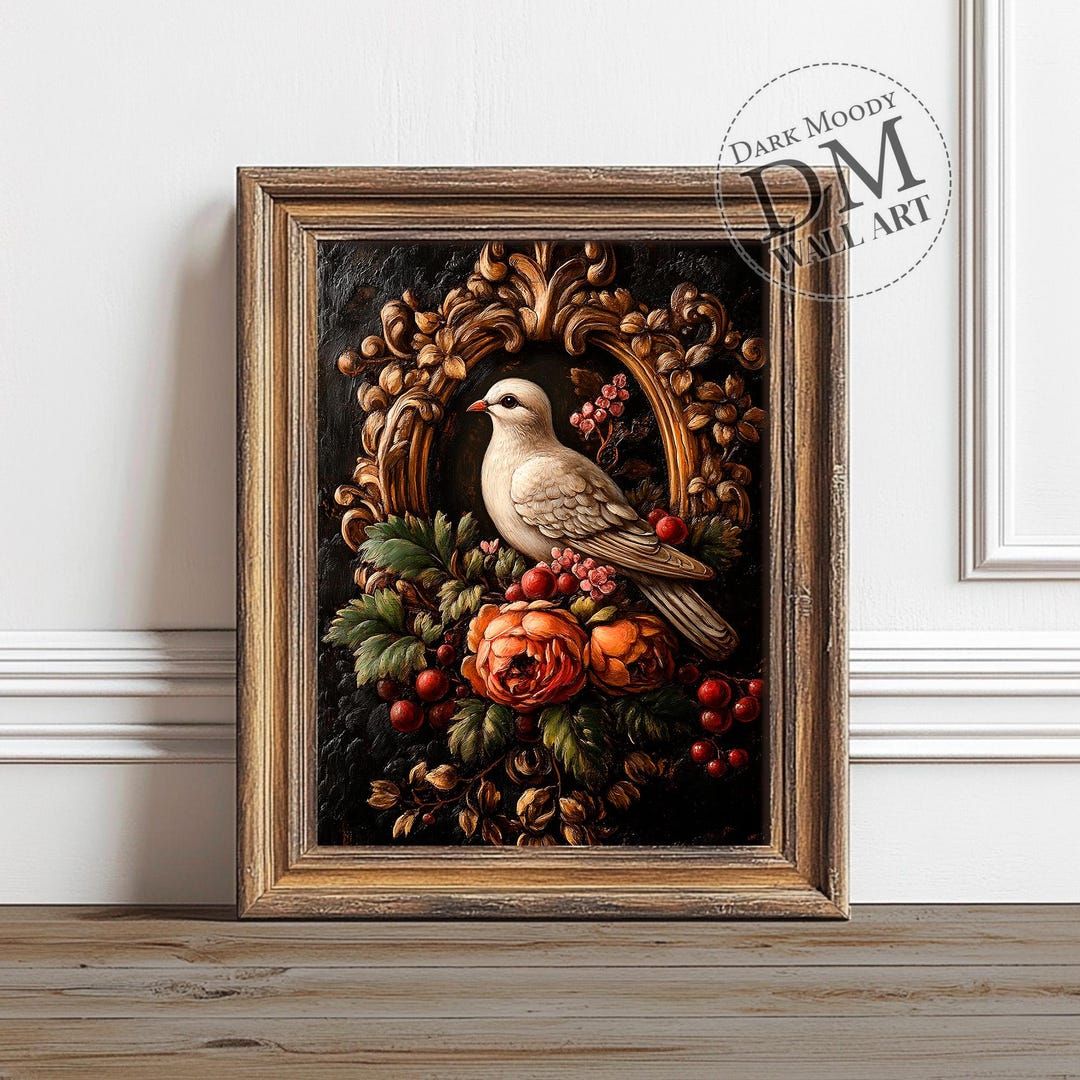 Victorian Dove With Gold Frame, Printable Dark Moody Wall Art, Floral ...
