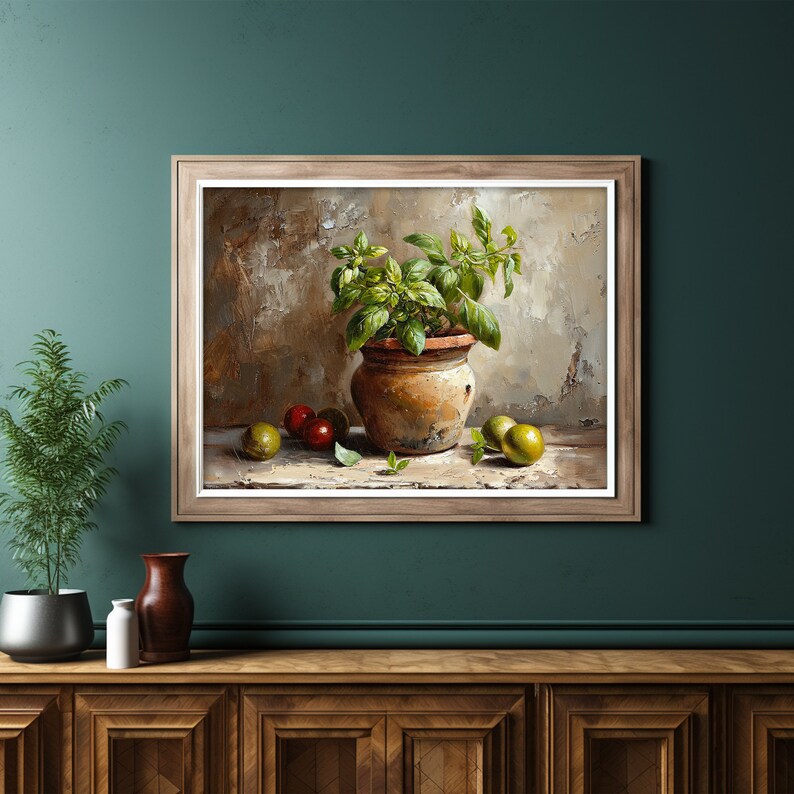 Italian Rustic Kitchen Basil Printable Wall Art, Moody Herb Still Life ...
