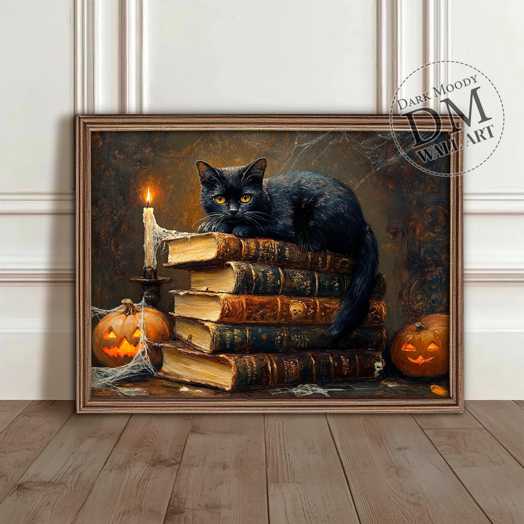 Black Cat & Pumpkins Printable Wall Art, Gothic Halloween Books Print ...