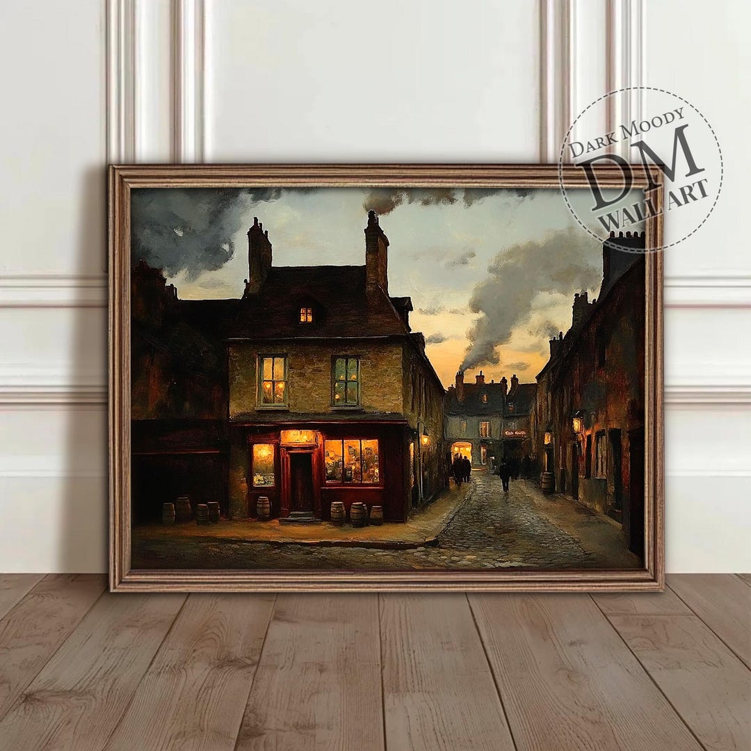 Victorian Pub on Cobblestone Street at Dusk, Printable Dark Moody Wall ...