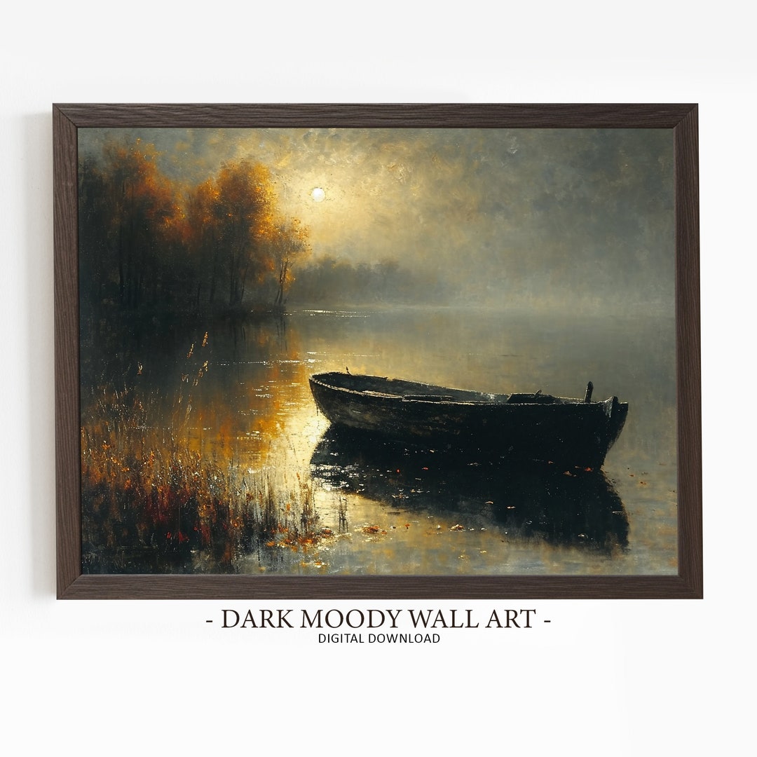 Sunset Print, Lake House Decor, Boat Painting, Moody Landscape, Dark ...