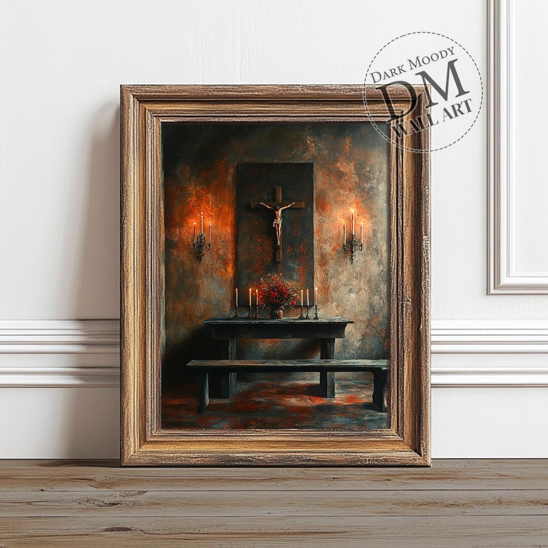 Christian Altar With Candles, Printable Dark Moody Wall Art, Vintage ...