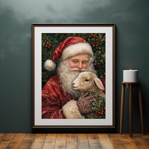 Vintage Santa With Sheep Print, Printable Christmas Holiday Wall Art ...