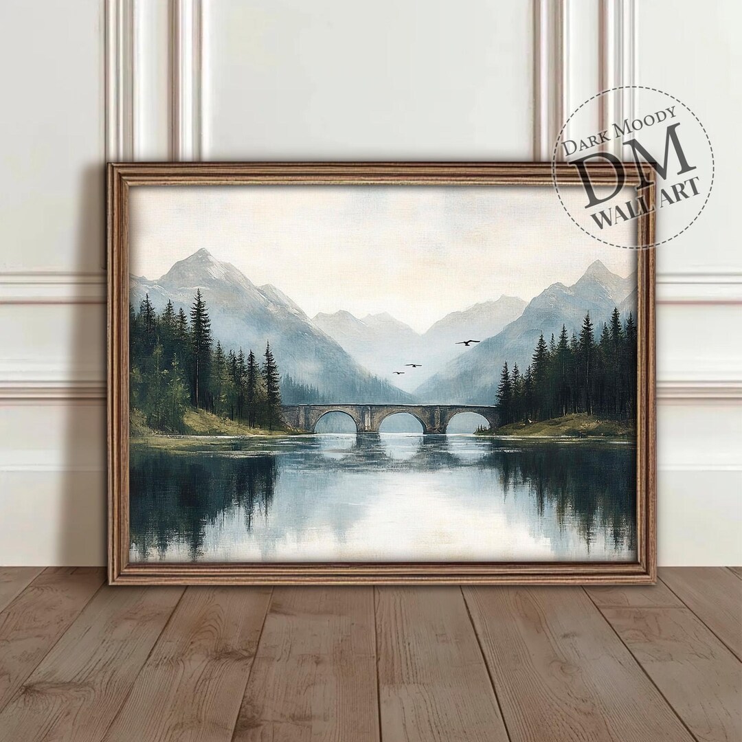 Alps Mountain Bridge Landscape Printable Wall Art, Moody Lake & Forest ...