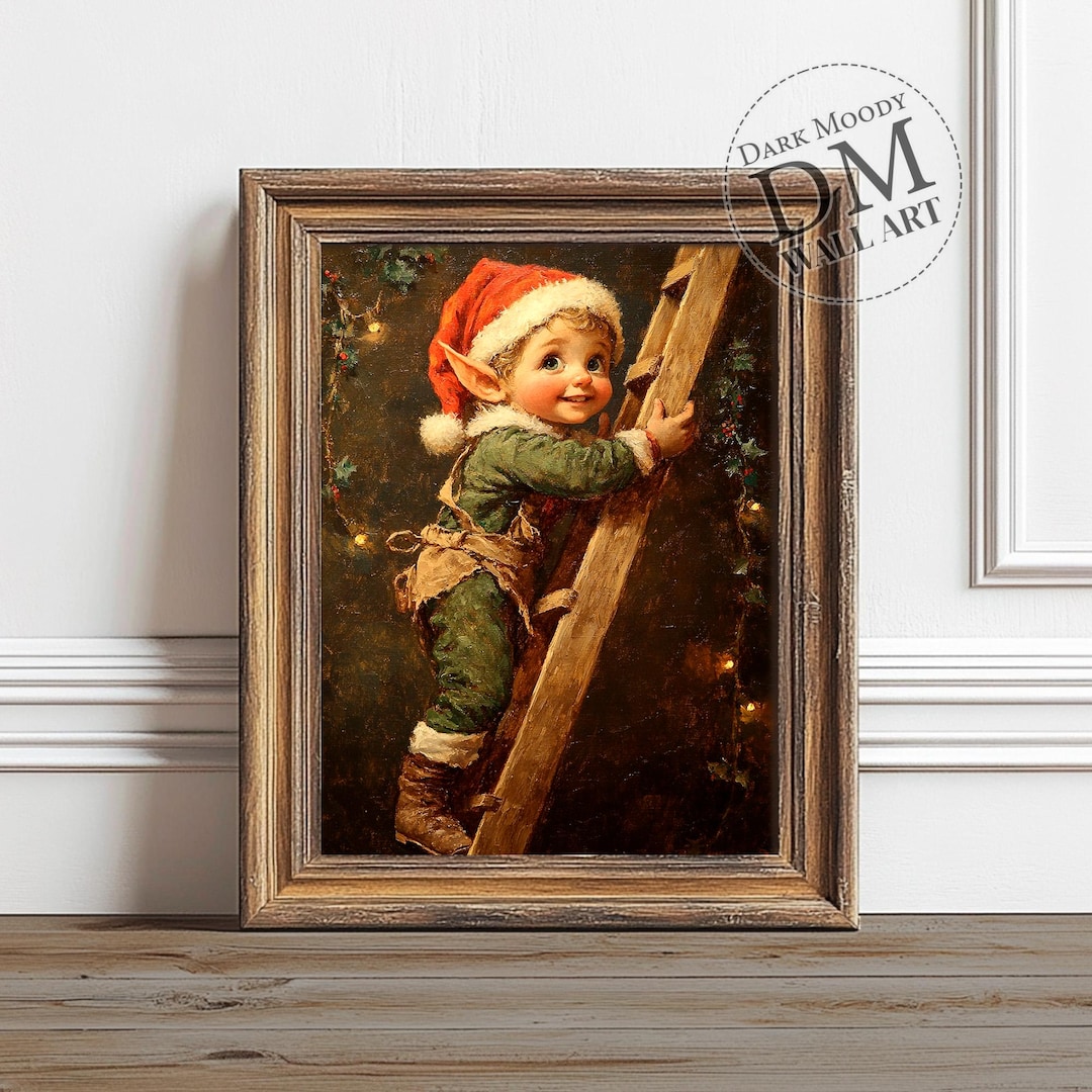 Christmas Elf Painting, Printable Vintage Christmas Wall Art, Farmhouse ...