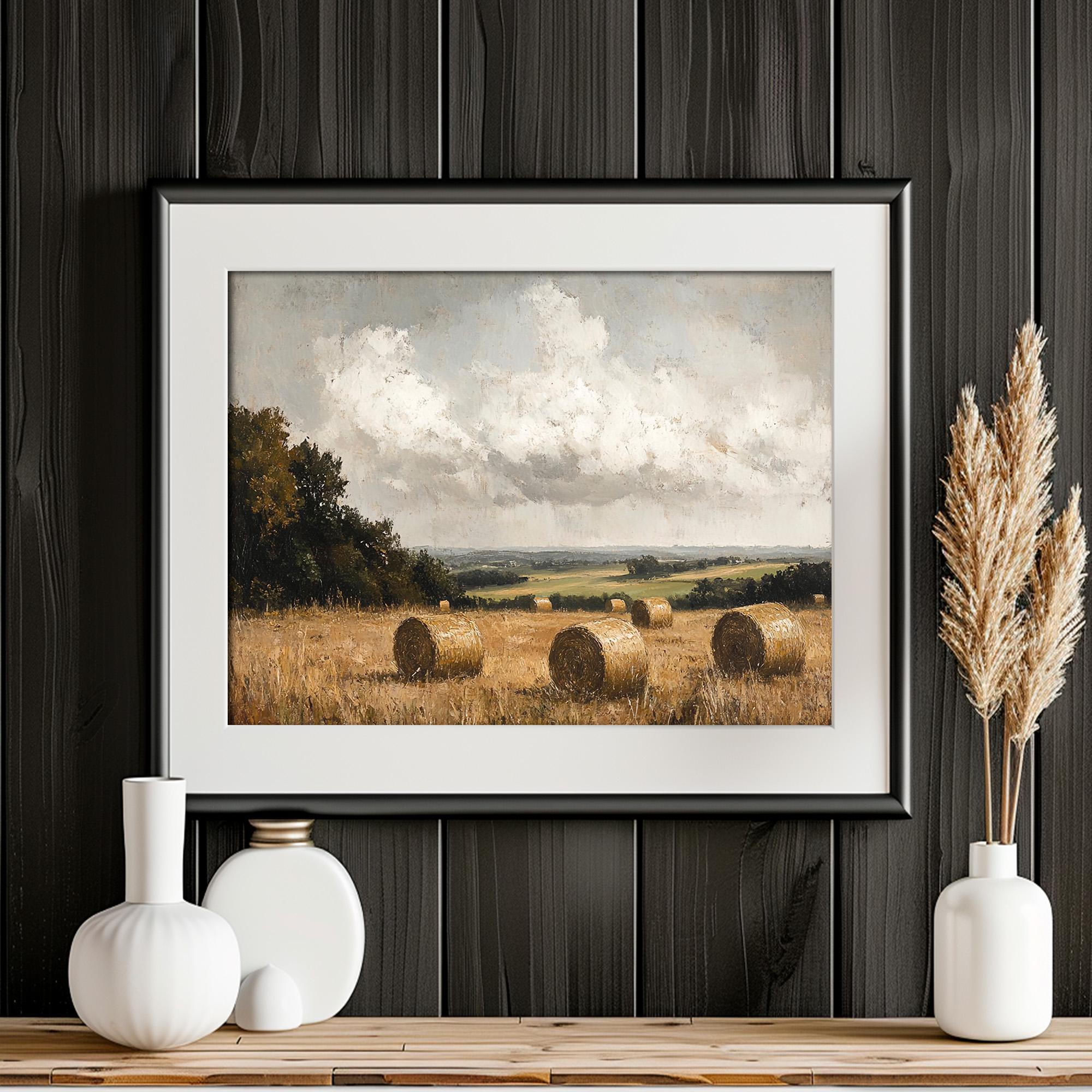 French Countryside Hay Field Printable Wall Art, Rustic Farm Landscape ...
