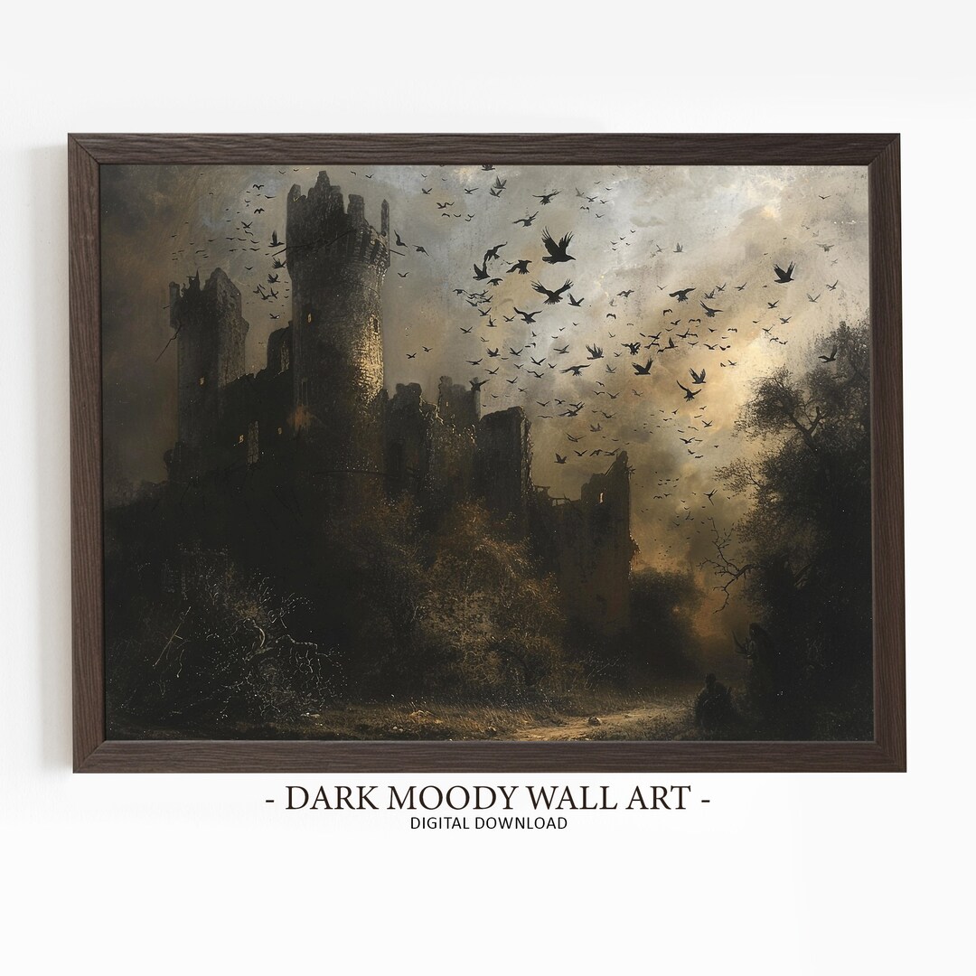Moody Castle With Circling Crows Print, Printable Dark Moody Landscape ...