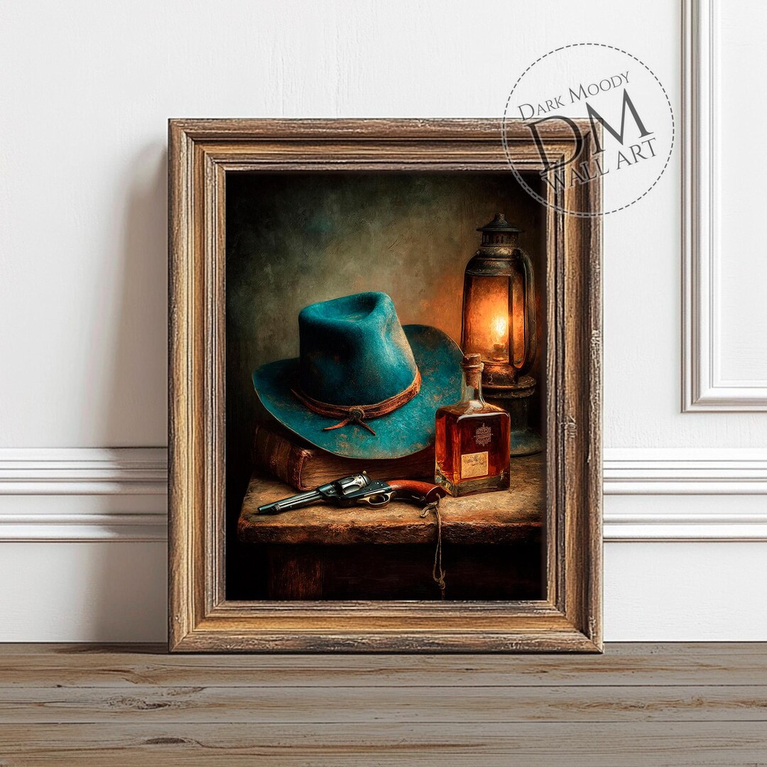 Western Cowboy Still Life Printable Wall Art, Whiskey Revolver Rustic ...