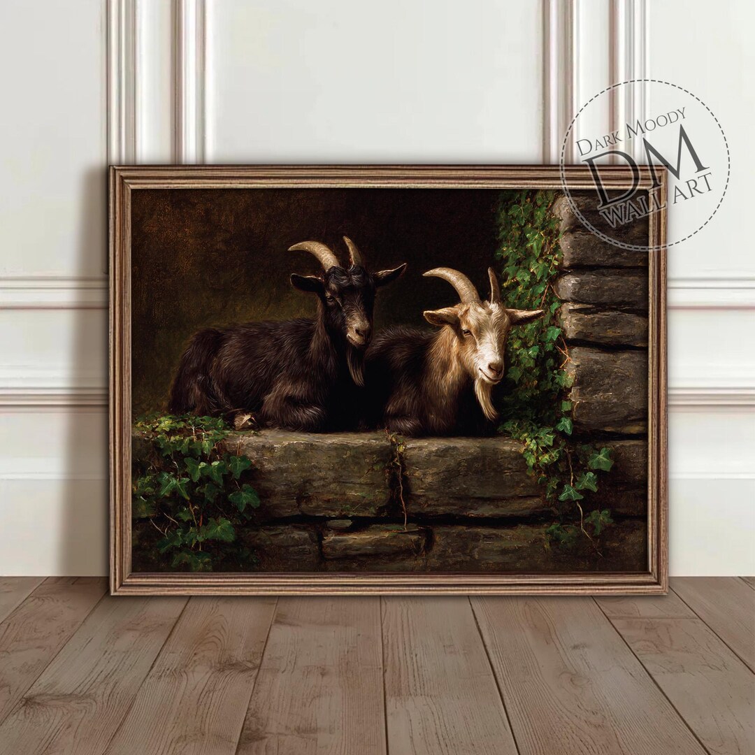 Vintage Goats Wall Art Print, Moody Rustic Farm Animal Decor, Digital ...